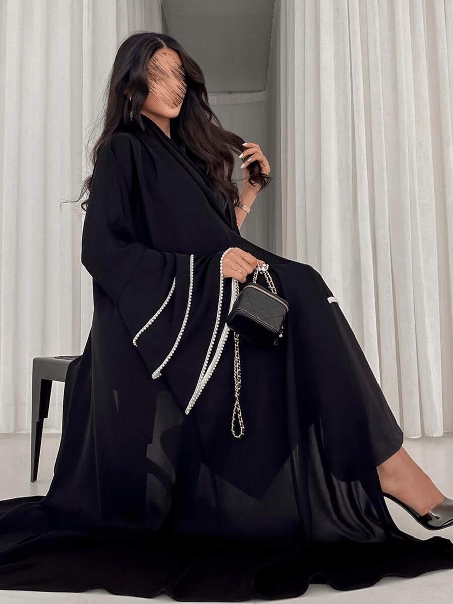 Modest Arabic Dubai Cardigan Black Abaya Dress With Beaded Cuff Splice ...