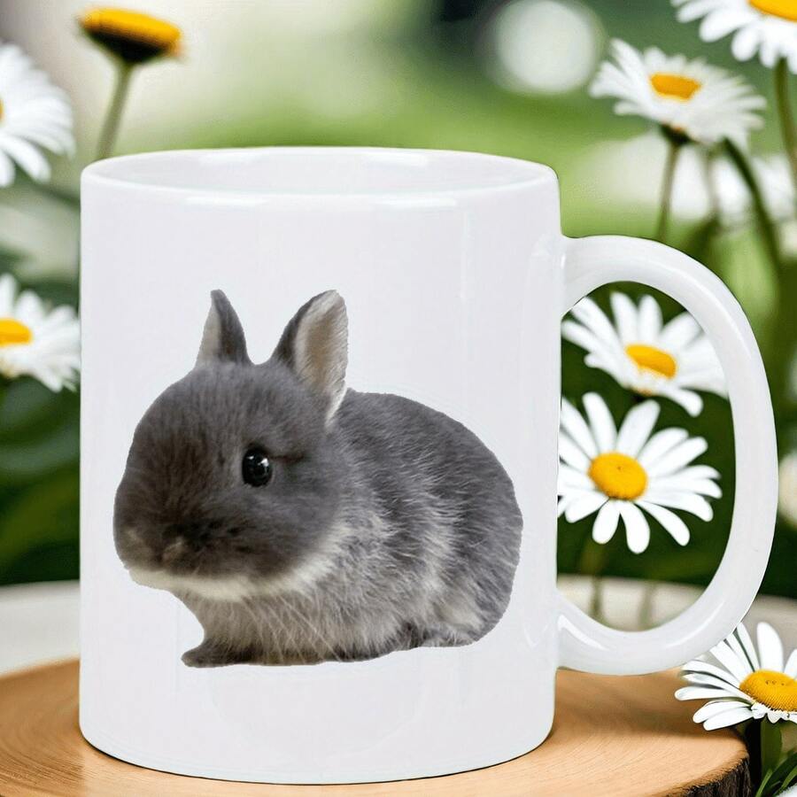Cute Grey Bunny & Daisies Ceramic White Mug - Adorable Rabbit Design ...