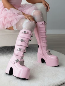 Y2k Style Women's Knee High Boot Solid Color Buckle Round Toe Punk ...