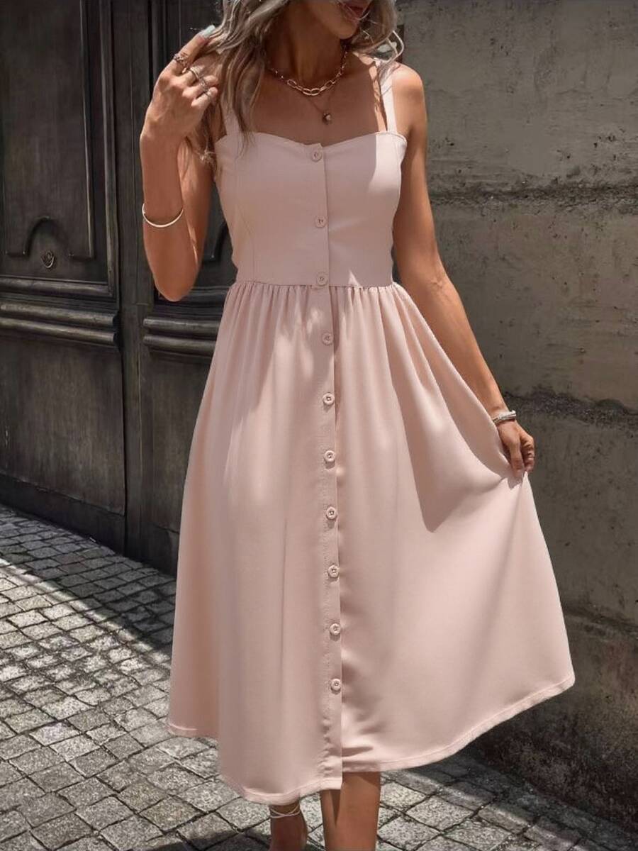 Women's Long Camisole Dress With Buttons Spring Summer Feminine Elegant ...