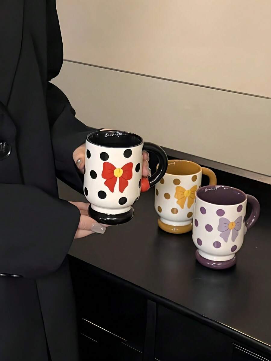 1pc Polka Dot Contrast Bow Ceramic Mug, Ins French Polka Dot Butterfly ...