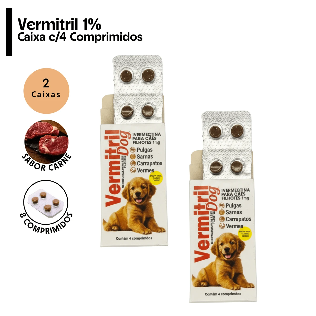 Vermitril Dog Puppies Anti-Fleas, Worms, Ticks, Mange - 8 Tablets. Up ...