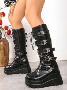 Women's Round Toe Thick Sole High Heel Lace-Up Elastic Ankle Boots ...