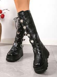 Women's Round Toe Thick Sole High Heel Lace-Up Elastic Ankle Boots ...