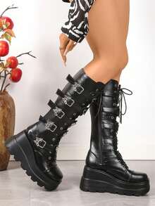 Women's Round Toe Thick Sole High Heel Lace-Up Elastic Ankle Boots ...