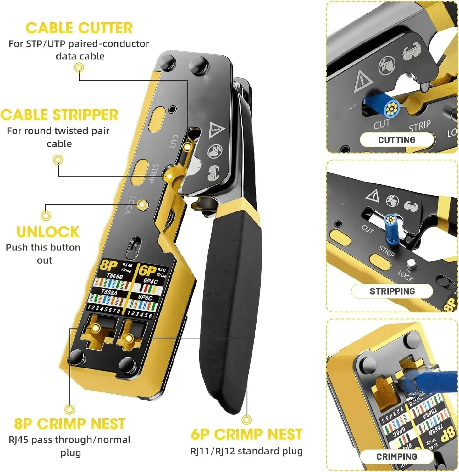 RJ45 Crimp Tool Pass Through Ethernet Crimping Tool For Cat6 Cat5 Cat5e ...