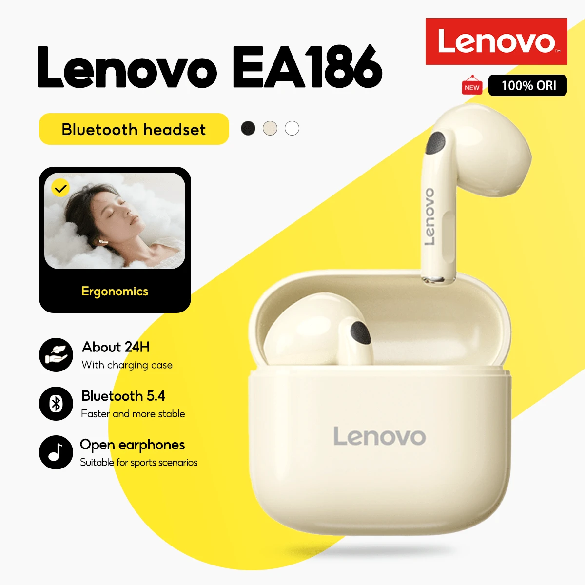 Lenovo EA186 5.4 Outdoor Bluetooth Headphones, 24-Hour Super Long ...
