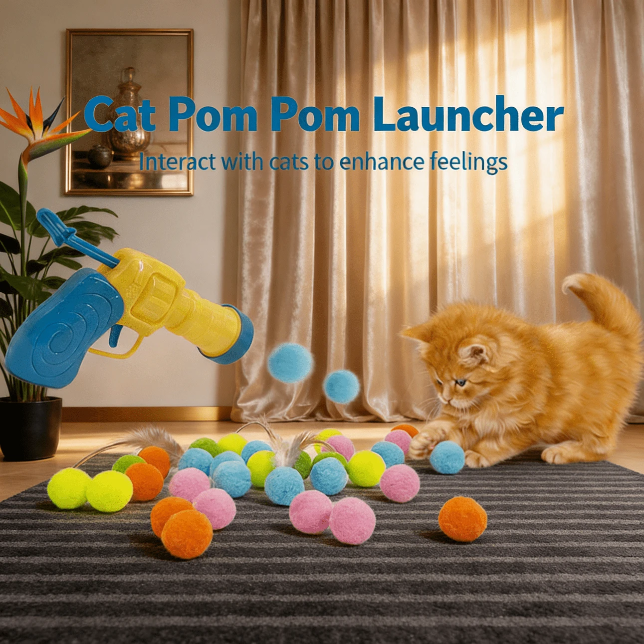 Cat Toys Plush Ball Launcher, Elastic Silent Chew-Resistant Teaser Wand ...