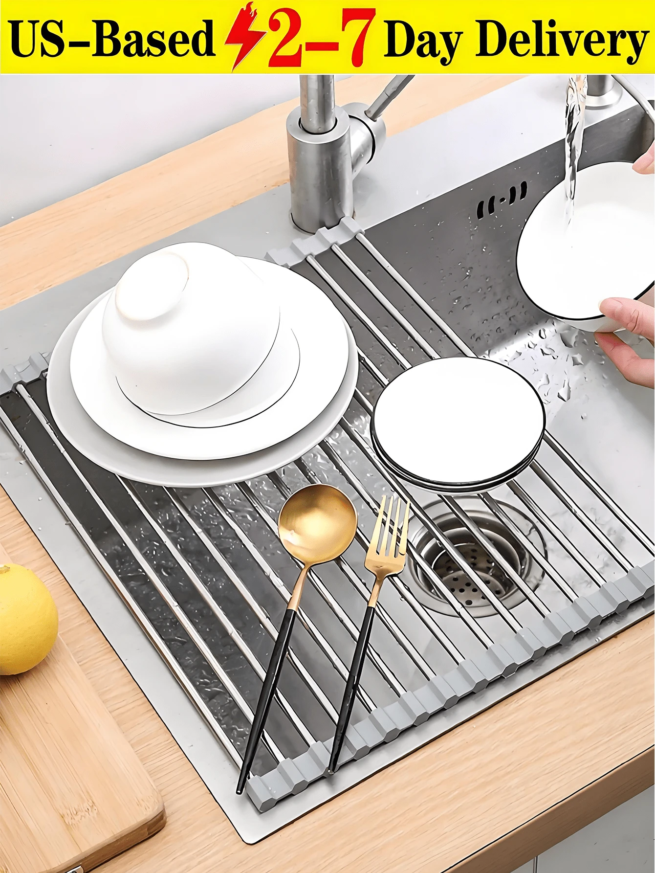 (2-7 Daysmust Arrive)1Pc Gray Roll Up Dish Drying Rack, 18 Rods Over ...