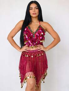 Belly Dance Coin Halter Top + Mesh Mini Skirt, Ideal For Performances ...