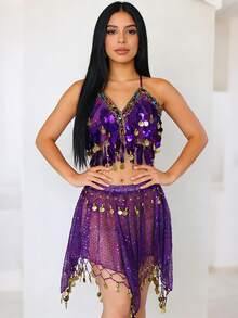 Belly Dance Coin Halter Top + Mesh Mini Skirt, Ideal For Performances ...