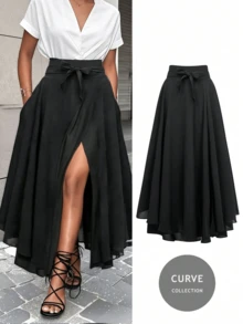 2026 Black High-Waist A-Line Midi Skirt With Front Slit And Tie Waist ...