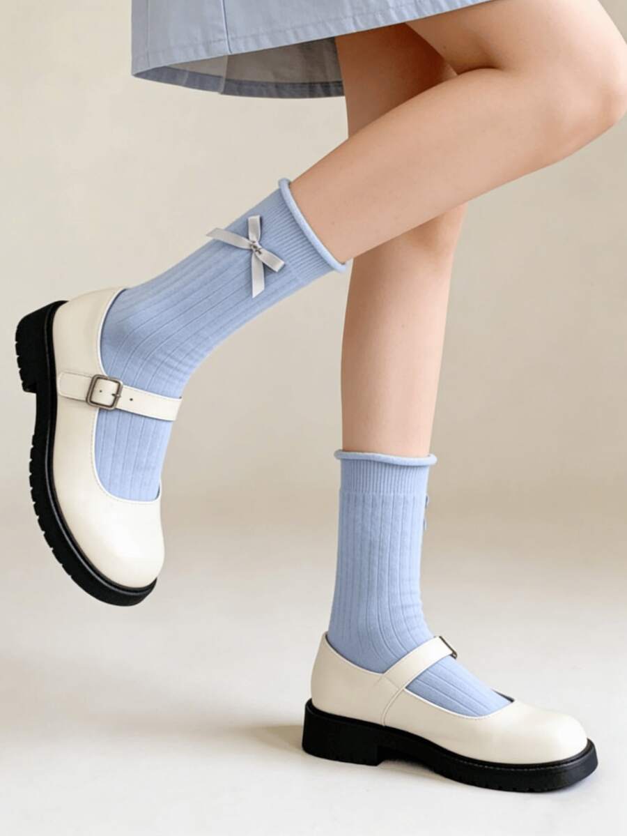 1/4 Pair Sweet Pastel Blue Bow Frill Trim Mid-Calf Socks, Versatile For ...