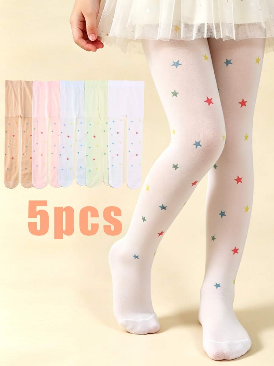 5 Pairs Girls' Star Print Ultra-Thin Stockings, Breathable Children's ...
