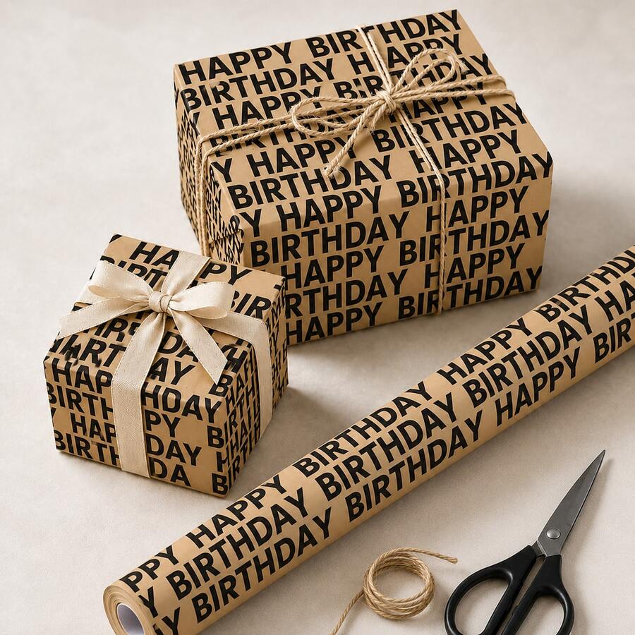 5m Roll Wrapping Paper, "Happy Birthday" Text Pattern Single-Sided ...