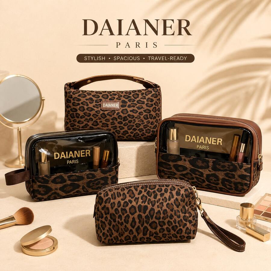1Pc Stylish Leopard-Print Makeup Bag That Doubles As Both A Travel ...