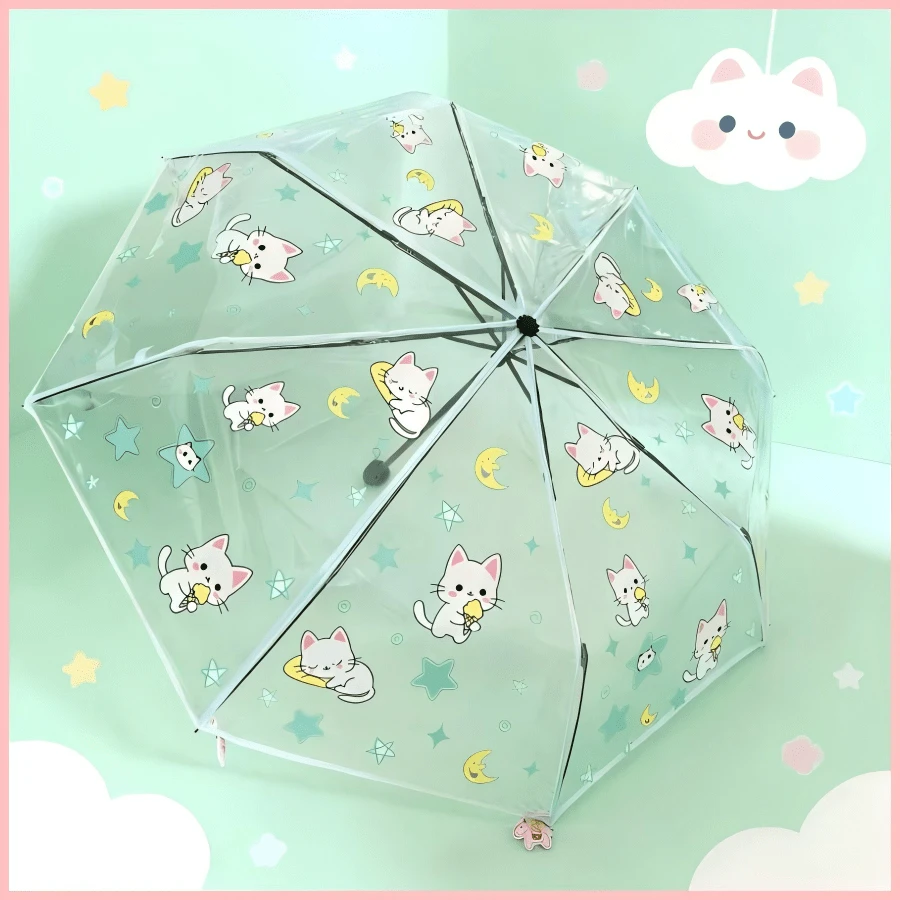 1PC Cute Cartoon Cat Moon Star Printed Transparent Folding Umbrella ...