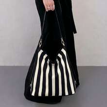 Black & White Striped Drawstring Bucket Bag, Women Casual Canvas ...