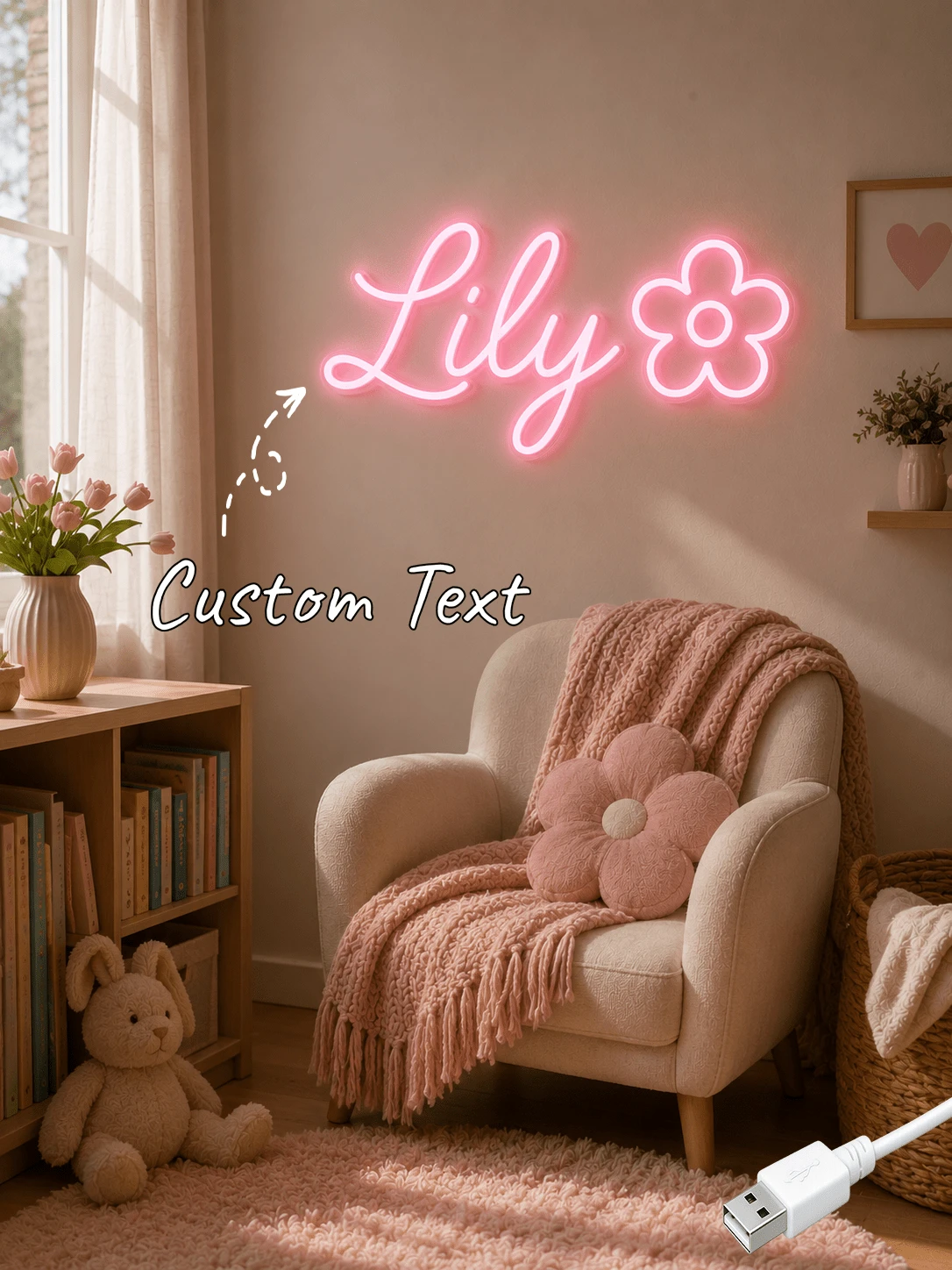 Custom Flower Neon Wall Sign With Name, Pink LED Light For Girls ...