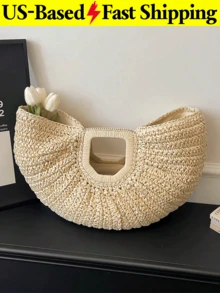 1 PC Half-Moon-Shaped Woven Straw Tote Bag With A Top Handle,Perfect ...