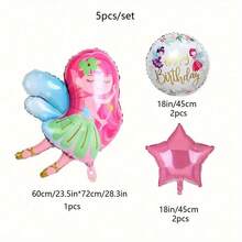 5pcs Pink Flower Fairy Star & Round Foil Balloons, Happy Birthday Party ...