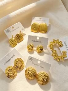 2/4 Pairs Gold Stainless Steel Fashion Geometric Oval/Leaf Hollow ...