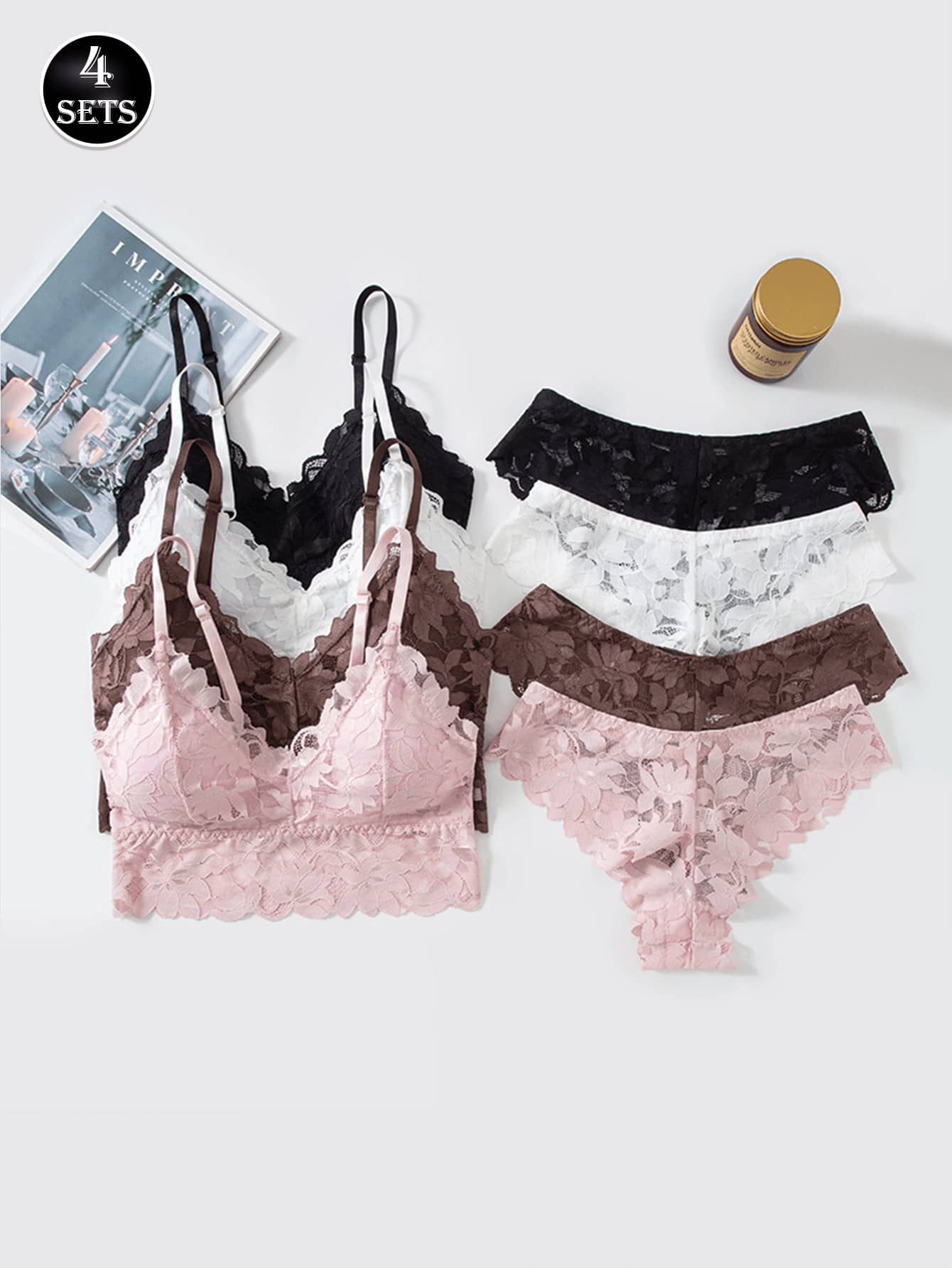 4 Sets Women Multicolor Floral Lace Wireless Padded Triangle Bralette ...