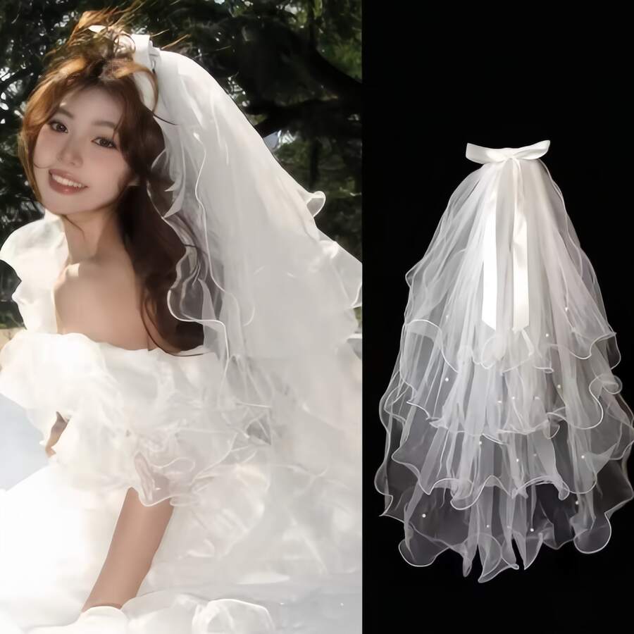 Bow & Pearl Decor Short Veil, White Mesh Bridal Headpiece, Suitable For ...
