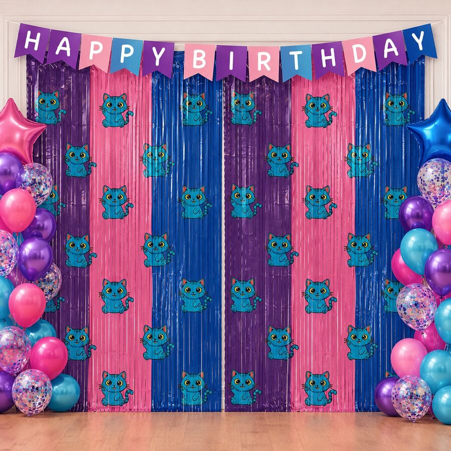 1pc Cartoon Cat Birthday Tinsel Curtain Backdrop, Purple Pink Blue ...
