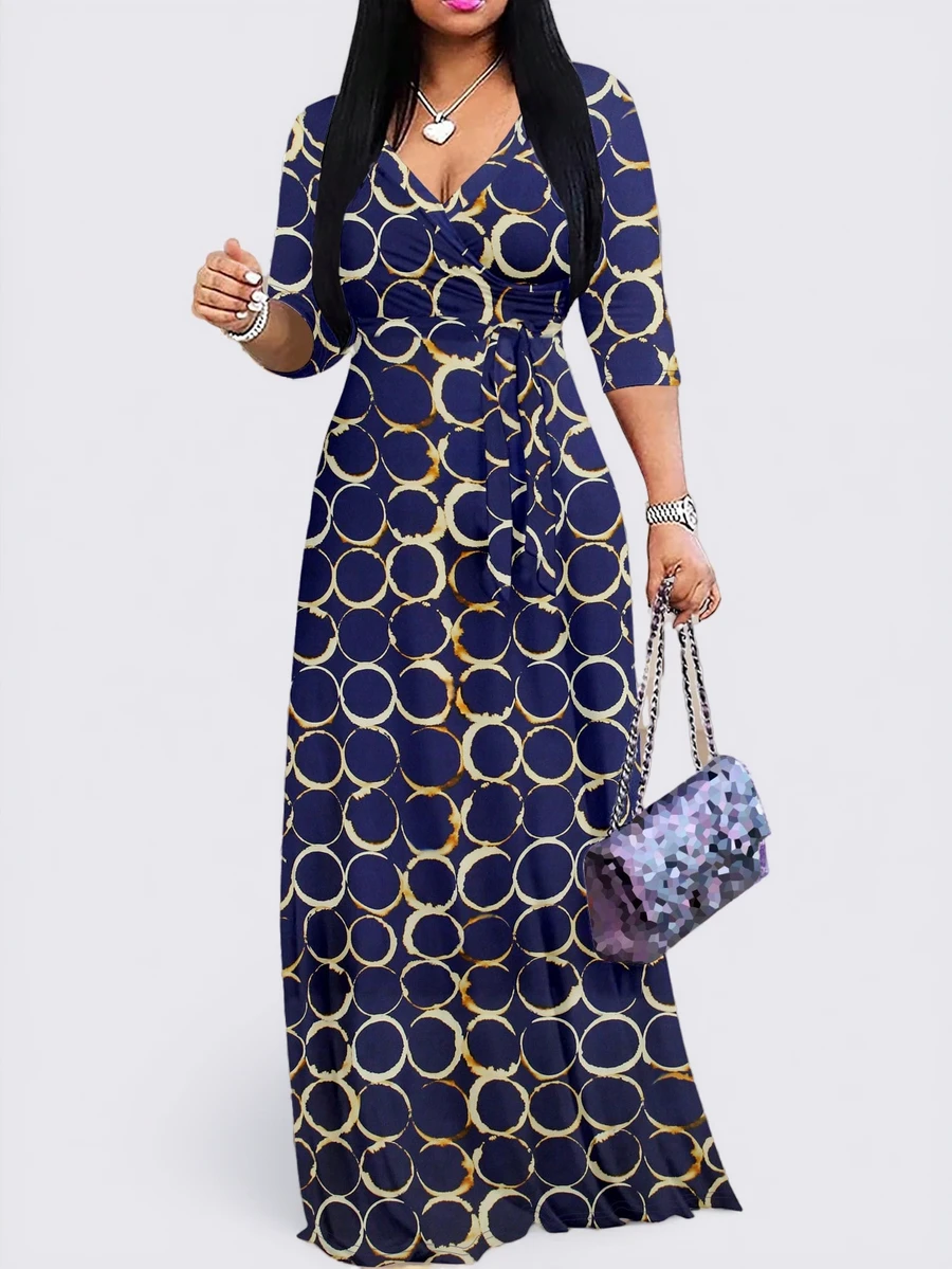 Women's Summer Long Sleeve V-Neck Cinched Waist Dress With Circle Print ...